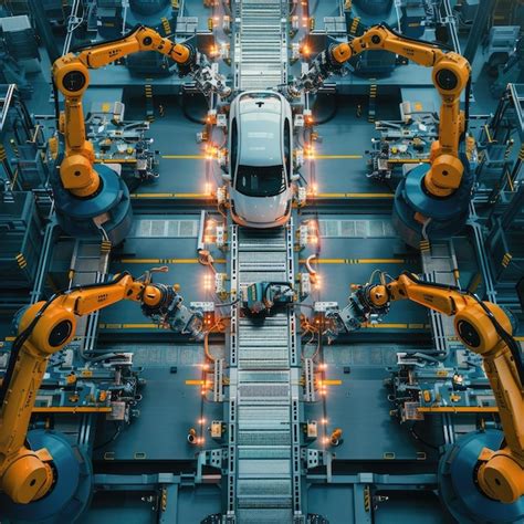 Premium Photo A Robot Assembly Line With A Lot Of Orange Robots