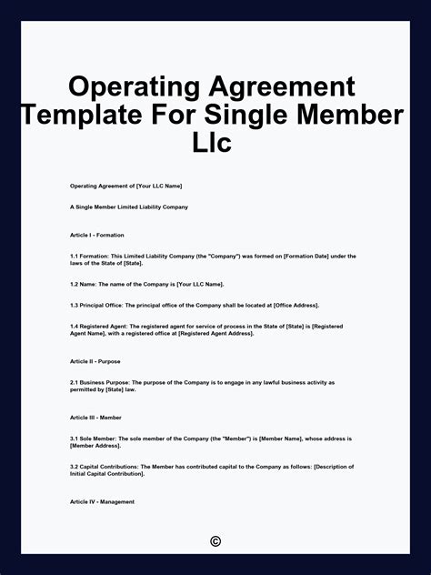 Operating Agreement Template For Single Member Llc