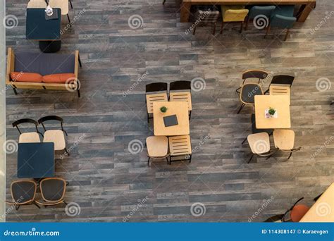 Top View On Wooden Tables In Cafe Stock Image Image Of Coffee