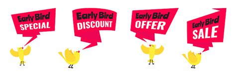 얼리 버드 스페셜 제공 할인 판매 이벤트 배너 플랫 스타일 디자인 벡터 일러스트 세트 흰색 배경에 고립 된 텍스트와 작은 새와 큰 리본 배너 0명에 대한 스톡 벡터 아트 및