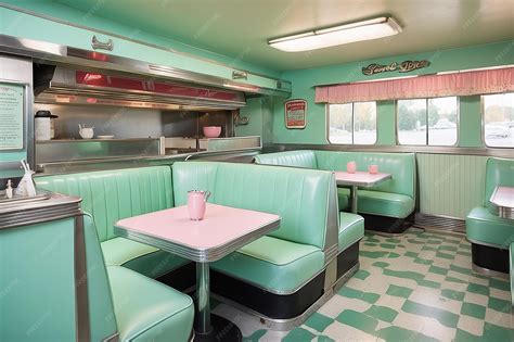 1950sstyle Diner Kitchen With Pastel Green Appliances Vinyl Booth