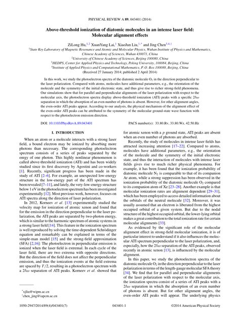 Pdf Above Threshold Ionization Of Diatomic Molecules In An Intense Laser Field Molecular
