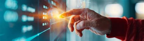 Close Up Hand Interacting With Digital Interface Technology Futuristic Data Analytics