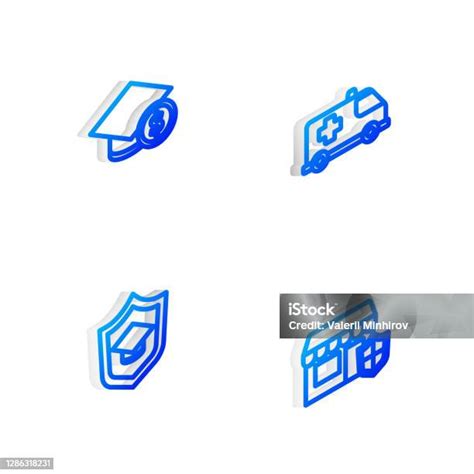 방패와 쇼핑 건물 아이콘 등등 선 비상 자동차 졸업 모자와 동전을 설정합니다 벡터 3차원 형태에 대한 스톡 벡터 아트 및 기타 이미지 3차원 형태 개념 건강 진단