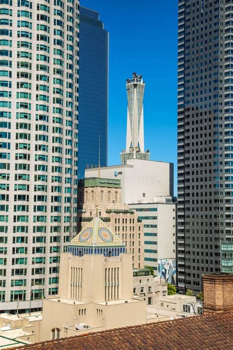 Perspective Of Atandt Microwave Tower And Historic Public Library In Los Angeles California