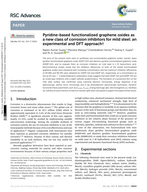 Pdf Pyridine Based Functionalized Graphene Oxides As A New Class Of Corrosion Inhibitors For