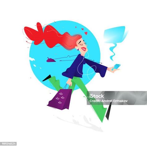쇼핑 귀여운 여자의 그림입니다 벡터 일러스트입니다 귀여운 빨간 머리 여자는 전화 및 패키지와 함께 실행 됩니다 이미지는 흰색 배경에 고립 이다 인쇄 및 웹 사이트에 대 한