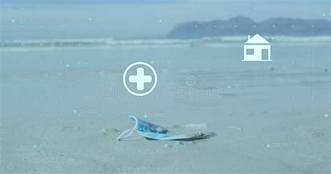 Animation Of Data Processing Over Face Mask On Beach Stock Footage