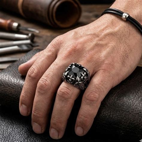 Black Black Onyx Steel Man Ring Dragon Fleur De Lys Claws