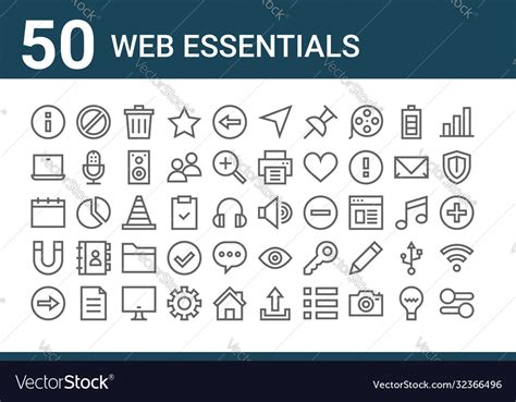 Set Web Essentials Icons Outline Thin Line Vector Image