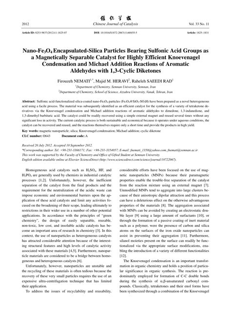 Pdf Nano Fe3o4 Encapsulated Silica Particles Bearing Sulfonic Acid Groups As A Magnetically