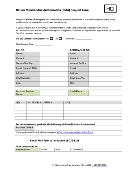 Hci Return Merchandise Authorization Rma Request Form Printable Pdf Download