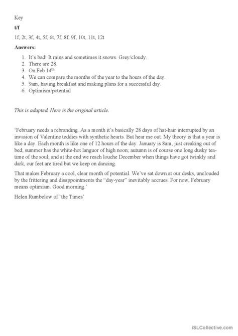 Easy Reading February General Gramm English Esl Worksheets Pdf And Doc