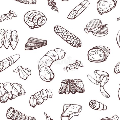 Seamless Pattern Of Meat Sausages Meat Products Vector Hand Drawings