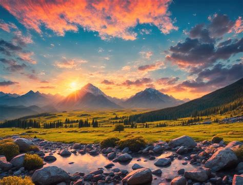 Premium AI Image Sunset Over A Mountain Stream With Mountains In The Background