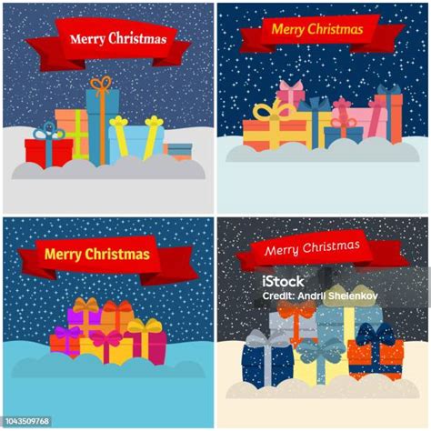 레드 리본으로 밤 숲과 4 개의 벡터 일러스트 레이 션의 설정 12월에 대한 스톡 벡터 아트 및 기타 이미지 12월 겨울 계절 Istock