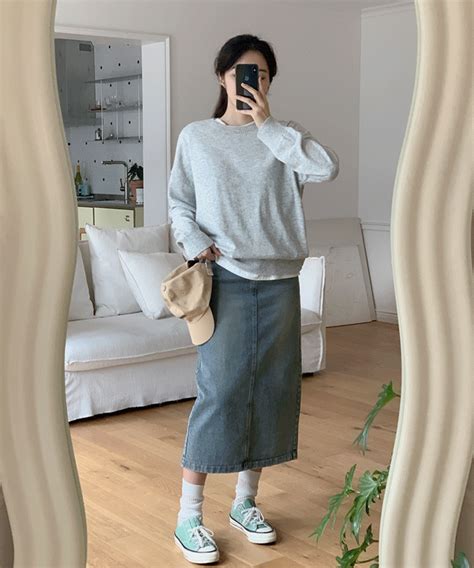 로어 하이웨스트 중청 워싱 데님 난스판 H라인 롱 스커트 모스데님롱스커트 에이블리