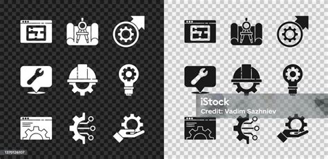 세트 하우스 플랜 그래프 용지 및 나침반 기어 화살표 워크플로우 프로세스 브라우저 설정 알고리즘 손 설정 렌치 스패너 및 작업자
