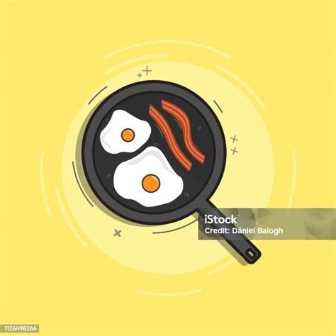 아침 식사 컨셉입니다 식욕을 돋 우는 맛 있는 아침 식사 한 팬에 베이컨과 계란 벡터 일러스트 레이 션 평면 디자인입니다 개념에 대한 스톡 벡터 아트 및 기타 이미지