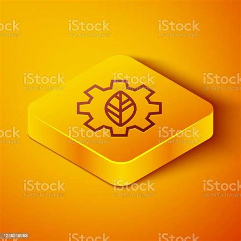 오렌지 배경에 격리 된 기어 기계 아이콘의 등각 선 잎 식물 생태 친환경 기술 세계 환경의 날 라벨 노란색 사각형 버튼입니다