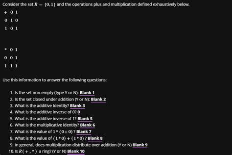 solved consider the set r {0 1} ﻿and the operations plus and