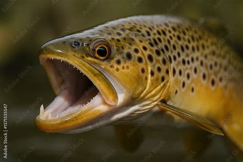 A Close Up Of A Brown Trouts Open Mouth Revealing Its Formidable