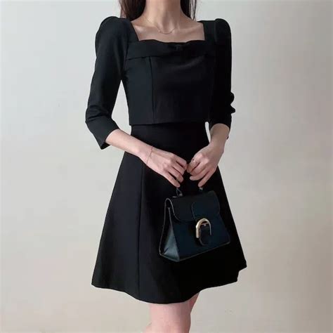 달리아 스퀘어넥 리본 투피스 플레어 미니원피스 2color 하객룩 데이트룩 오피스룩 면접룩 상견례룩 파티룩