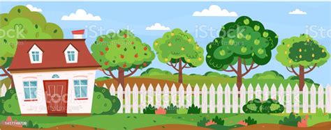 여름 국가 풍경과 수평 배너 과일 정원이있는 컨트리 하우스 사과 나무 배 나무 수확 여름날 농장 플랫 스타일의 벡터 일러스트레이션입니다 가을에 대한 스톡 벡터 아트 및 기타