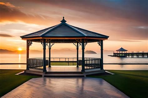 Premium Ai Image Gazebo With A View Of The Ocean And A Sunset