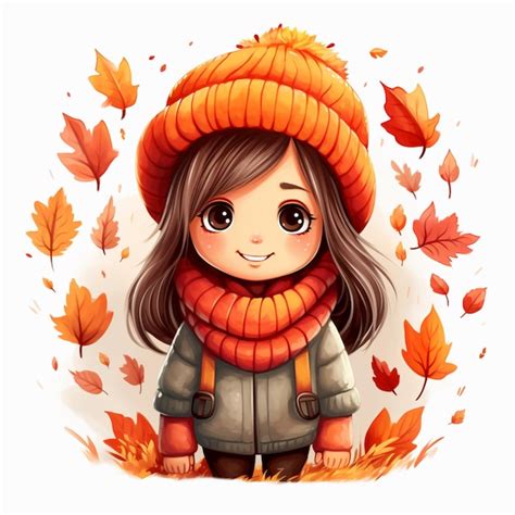 Premium Photo Cartoon Girl In A Hat And Scarf Standing In The Leaves
