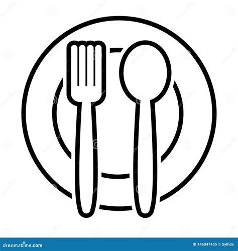 Fork And Spoon On Plate Outline Design Vector Stock Illustration