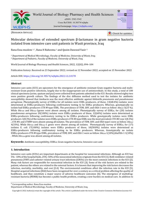Pdf Molecular Detection Of Extended Spectrum β Lactamase In Gram Negative Bacteria Isolated