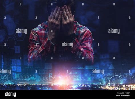 Hacker In Casual Clothes Dark Theme Stock Photo Alamy