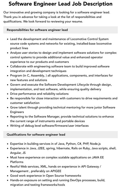 Software Engineer Lead Job Description Velvet Jobs