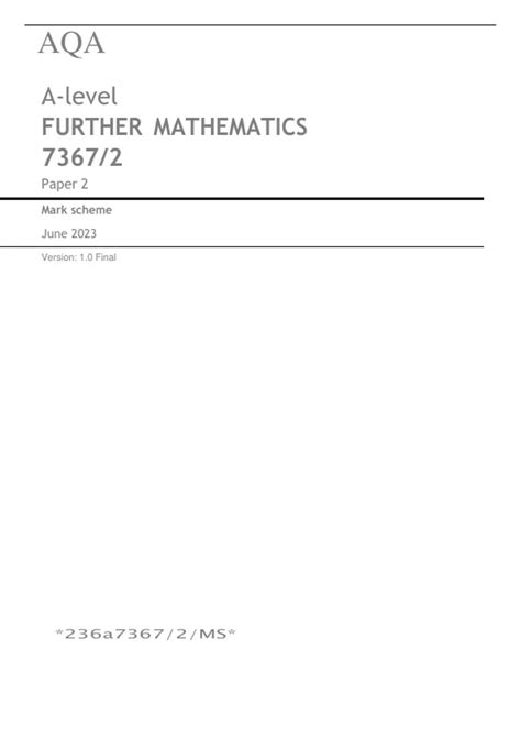 Summary Aqa A Level Further Mathematics 7367 2 Paper 2 Mark Scheme June 2023 Further