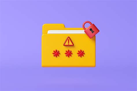 별표 기호 또는 암호화 암호가 있는 노란색 파일 폴더입니다 느낌표와 빨간색 자물쇠로 경고합니다 컴퓨터 데이터 해킹 위험 파일 손상에 대한 경고 클리핑 패스 3d 그림입니다