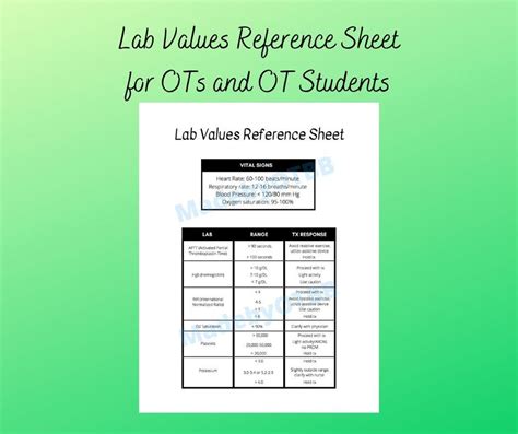 Lab Values Quick Reference Sheet For Occupational Therapists Etsy