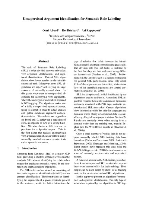 Pdf Unsupervised Argument Identification For Semantic Role Labeling