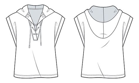 레이스업 후디 테크니컬 패션 일러스트레이션 민소매 스웨트셔츠 패션 플랫 테크니컬 드로잉 템플릿 V 넥 전면 및 후면도 흰색 여성