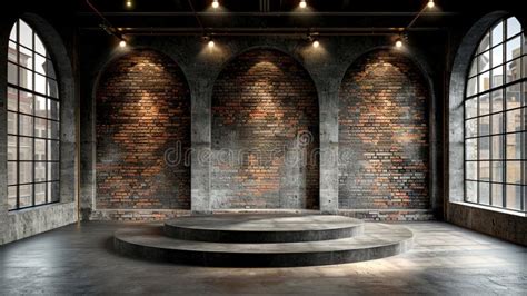 Modern Industrial Interior With Brick Walls And A Raised Stage For