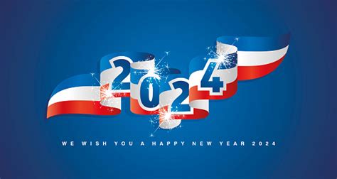 새해 2024 컨셉 디자인 템플릿 스파클 불꽃 놀이 2024 앞 프랑스 물결 모양 깃발 리본 벽지 프리미엄 블루 화이트 레드 프랑스 물결 모양 깃발 리본 벡터 디자인 포스터