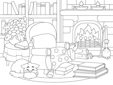 벽난로와 고양이가 있는 홈 라이브러리 인테리어 인쇄 가능한 어린이 색칠 공부를 위한 아늑한 방 벡터 페이지 프리미엄 벡터