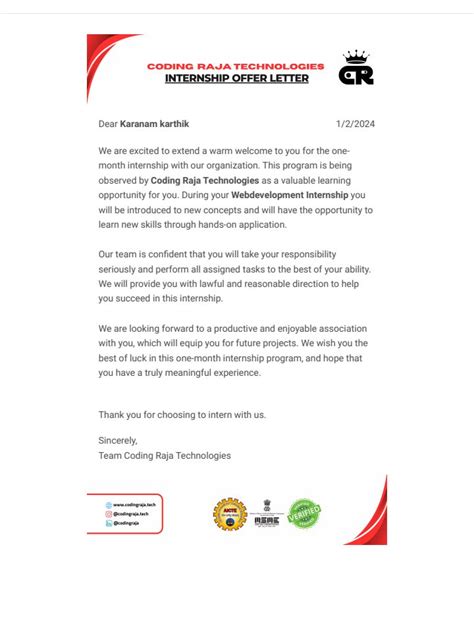 Karthik Karanam On Linkedin Internship Offer Letter From Coding Raja Technologies On Web