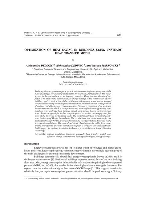 Pdf Optimization Of Heat Saving In Buildings Using Unsteady Heat Transfer Model