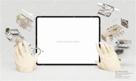증강 현실 개념 태블릿 흰색 화면 사실적인 3d 렌더에서 가구 및 디자인 제품을 시뮬레이션하는 데 사용되는 Ar 응용 프로그램을 사용하여 온라인 쇼핑 가구를 선택합니다