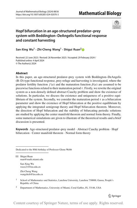 Pdf Hopf Bifurcation In An Age Structured Predator Prey System With Beddington Deangelis