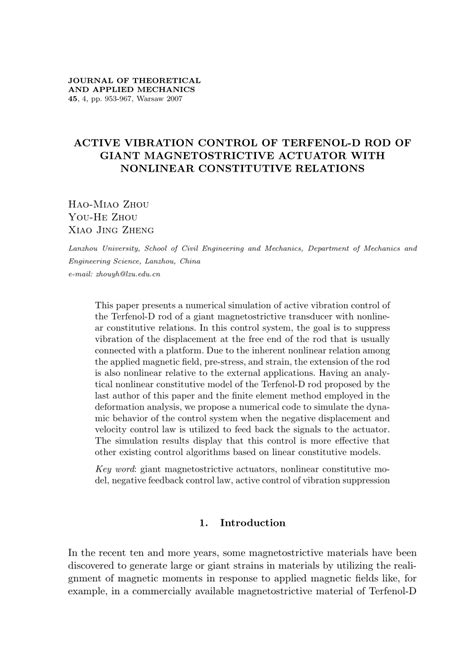 Pdf Active Vibration Control Of Terfenol D Rod Of Giant Magnetostrictive Actuator With