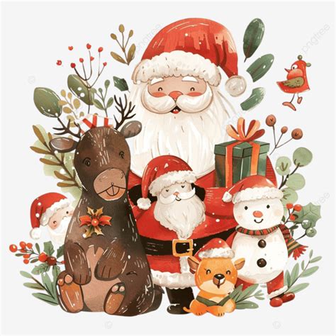 귀여운 산타와 친구들이 스티커를 들고 인사하고 있어요 산타 친구 눈사람 Png 일러스트 및 이미지 에 대한 무료 다운로드 Pngtree
