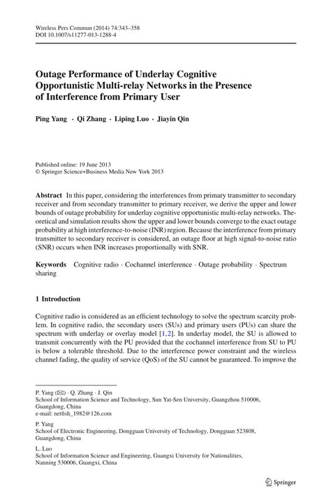 Pdf Outage Performance Of Underlay Cognitive Opportunistic Multi