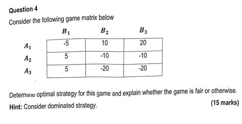 Solved Question 4consider The Following Game Matrix